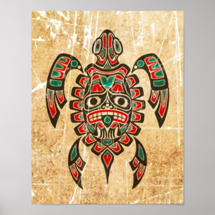 Scratched and Worn Haida Spirit Sea Turtle Poster | Zazzle