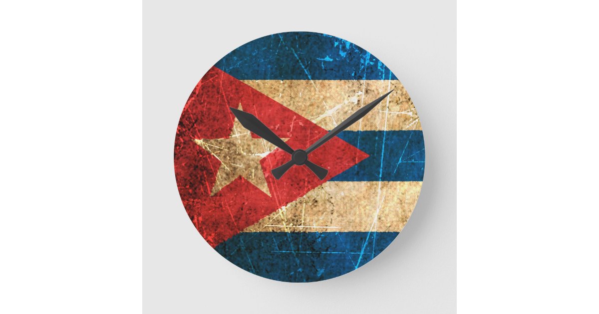 Scratched and Worn Vintage Cuban Flag Round Clock | Zazzle