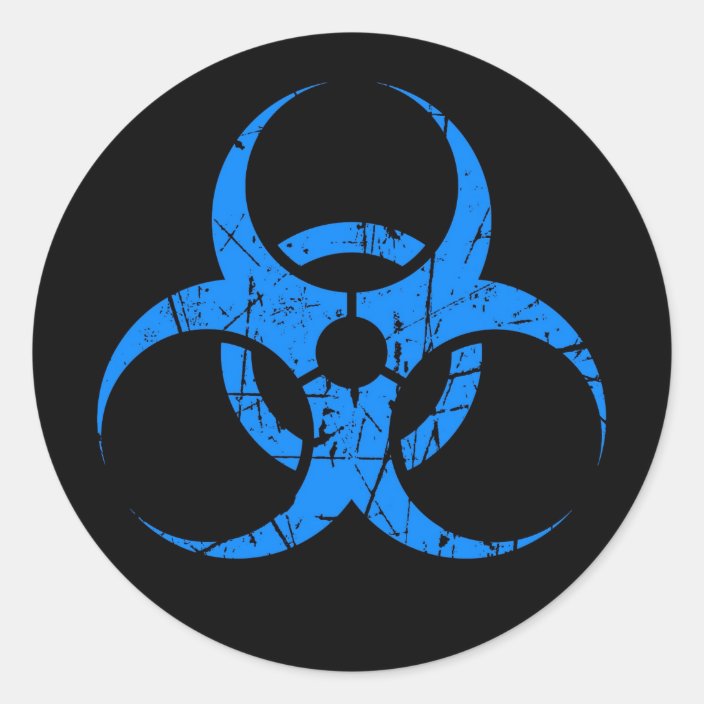 Scratched Blue Biohazard Symbol on Black Classic Round Sticker | Zazzle.com