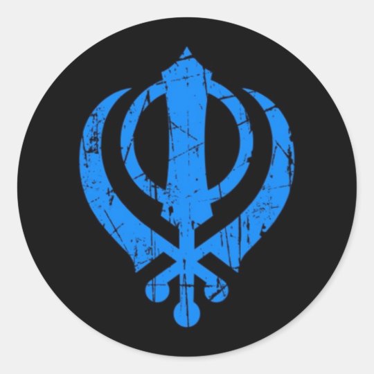 Scratched Blue Sikh Khanda Symbol on Black Classic Round Sticker ...