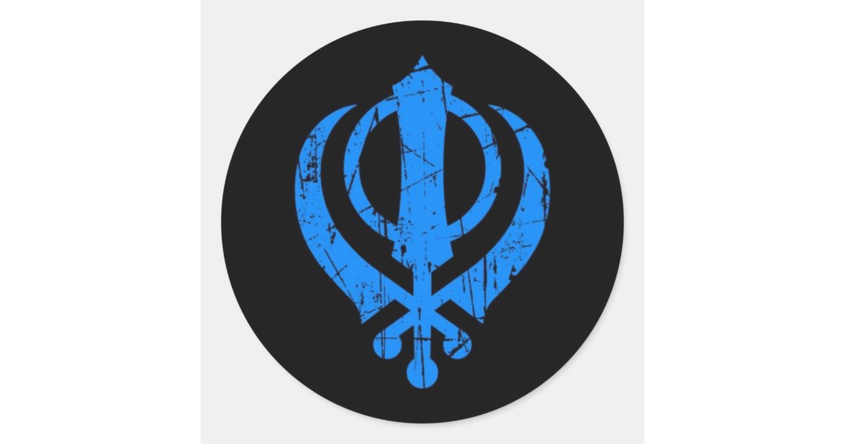 Scratched Blue Sikh Khanda Symbol on Black Classic Round Sticker | Zazzle