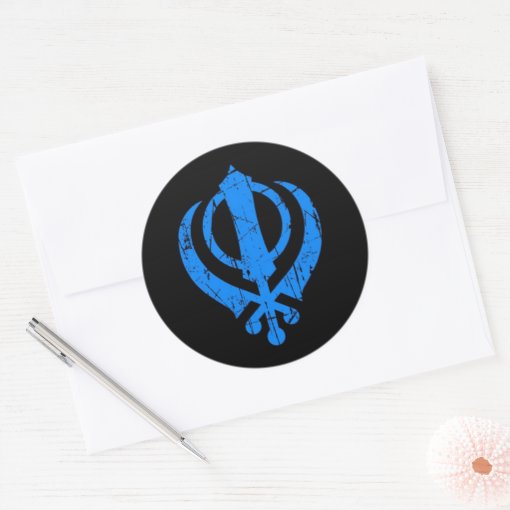 Scratched Blue Sikh Khanda Symbol on Black Classic Round Sticker | Zazzle