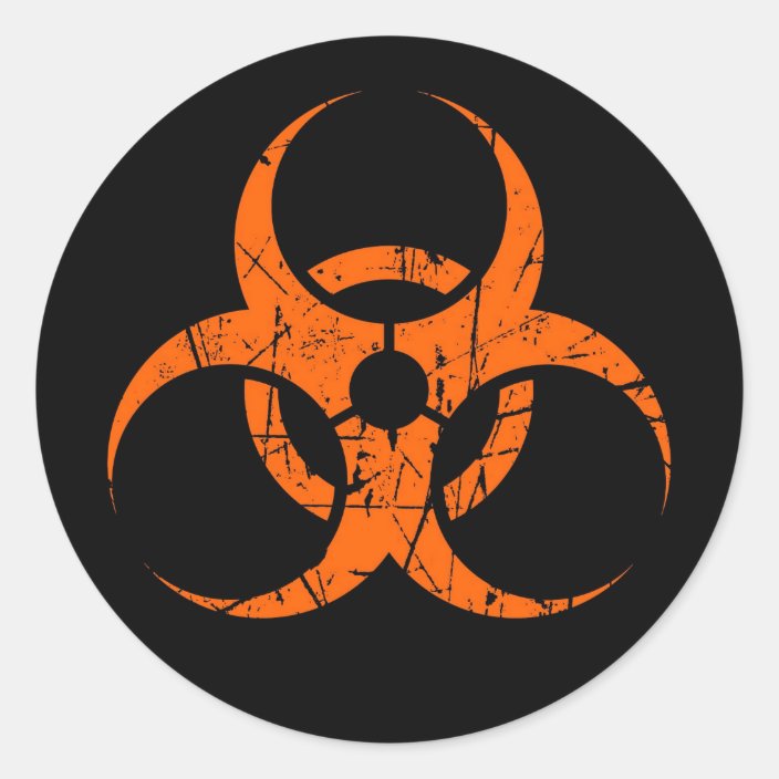 Scratched Orange Biohazard Symbol on Black Classic Round Sticker ...