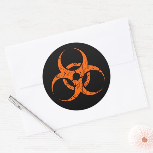 Scratched Orange Biohazard Symbol on Black Classic Round Sticker | Zazzle