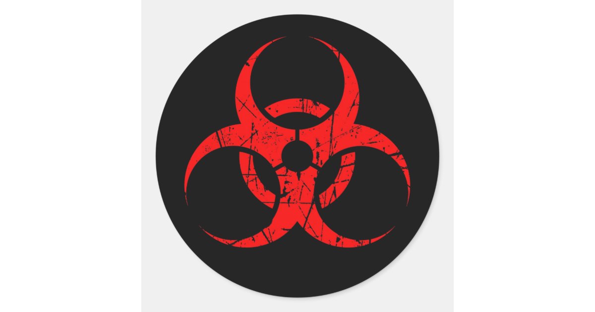 Scratched Red Biohazard Symbol on Black Classic Round Sticker | Zazzle