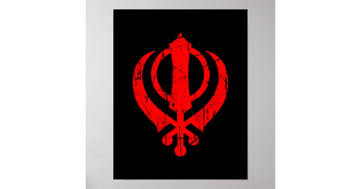 Scratched Red Sikh Khanda Symbol on Black Poster | Zazzle