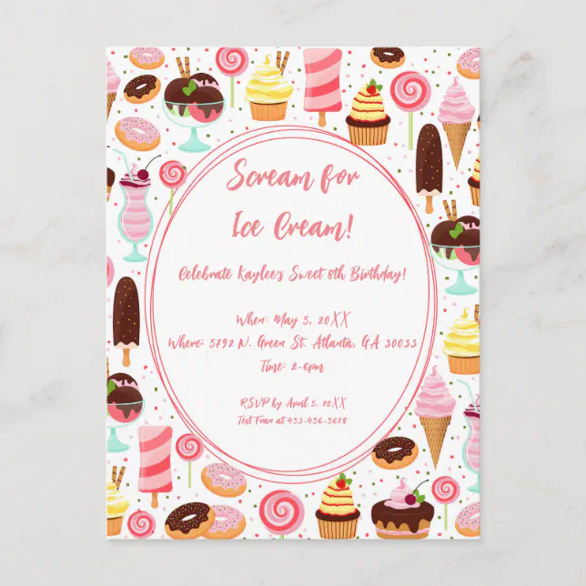 Scream for Ice Cream Girls Sweet Cute Birthday Invitation Postcard | Zazzle
