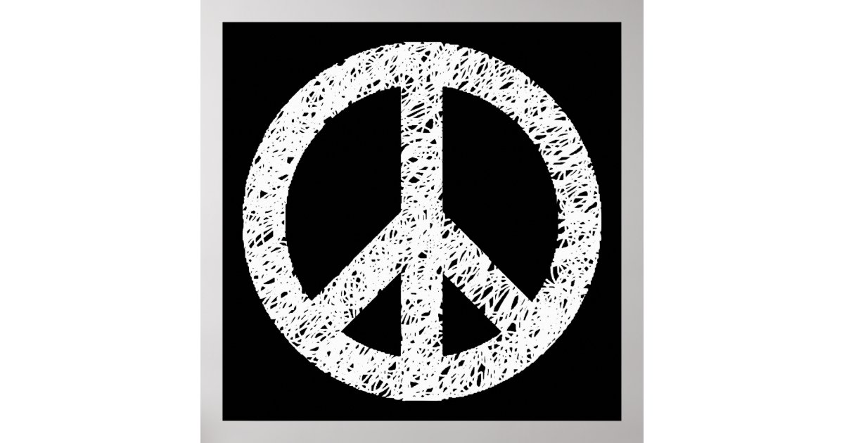 Scribble Stencilled Peace Symbol - White on Black Poster | Zazzle