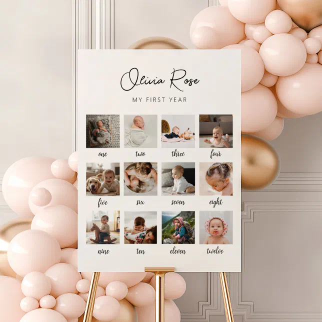 Script 12 Month Photo 1st Birthday Photo Sign | Zazzle