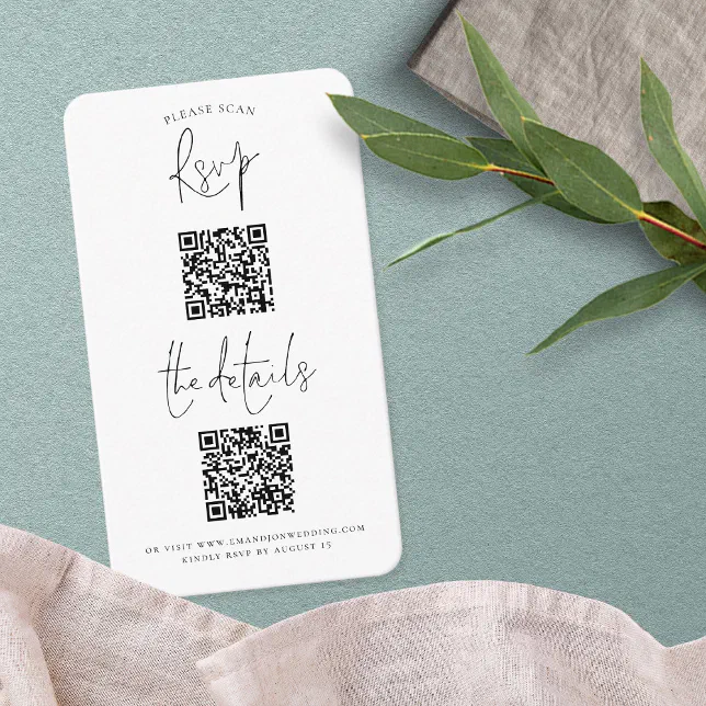 Script 2 QR Codes Wedding Details RSVP Enclosure Card | Zazzle
