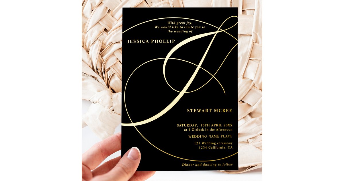 Script ampersand black calligraphy wedding gold foil invitation | Zazzle