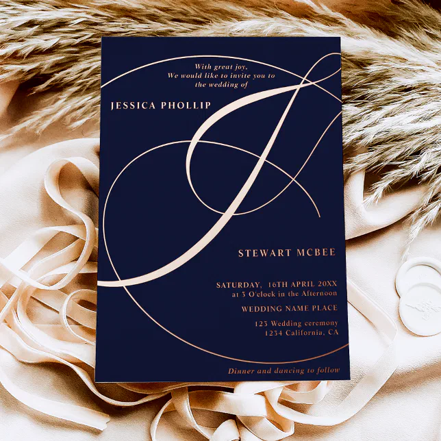 Script ampersand calligraphy wedding rose gold foil invitation | Zazzle