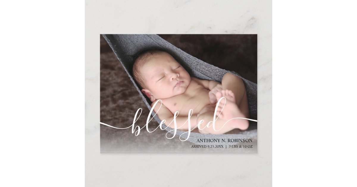 Script Blessed Baby Photo Birth Announcement Postcard | Zazzle