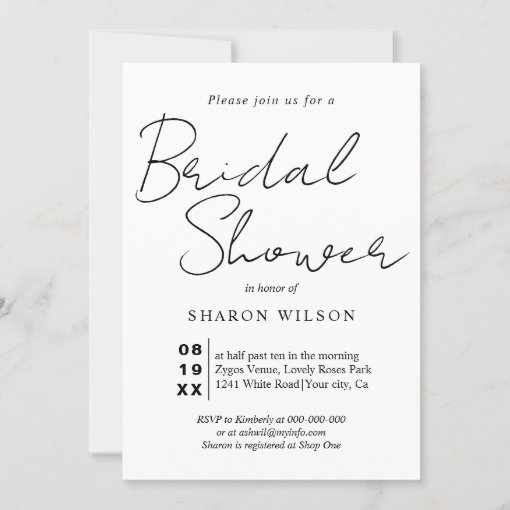 Script calligraphy black and white Bridal shower Invitation | Zazzle