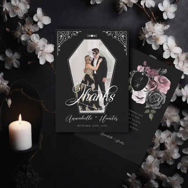 Script Coffin Photo Gothic Halloween Wedding Thank You Card | Zazzle