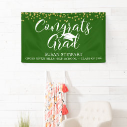 Script CONGRATS GRAD Gold Glitter Green Banner | Zazzle