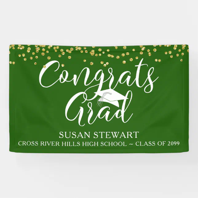 Script CONGRATS GRAD Gold Glitter Green Banner | Zazzle
