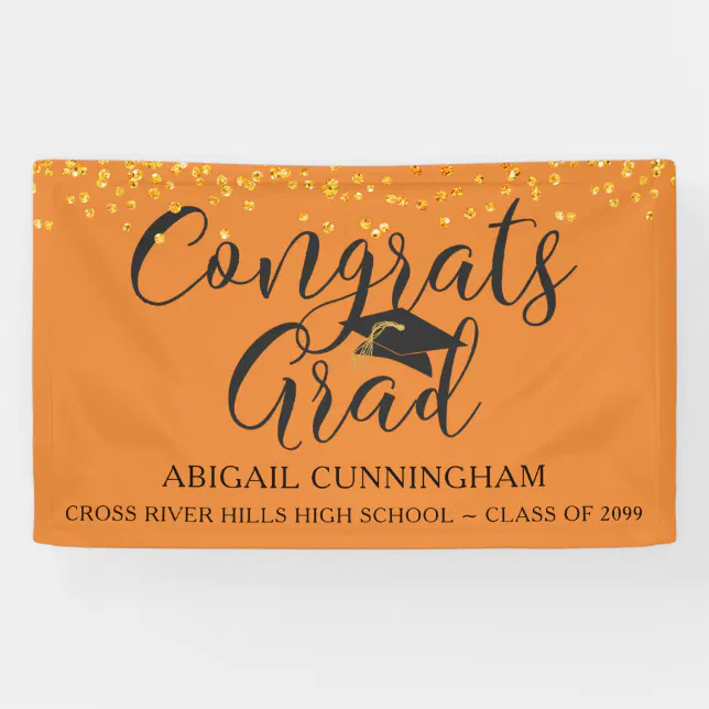 Script CONGRATS GRAD Orange Glitter Confetti Banner | Zazzle