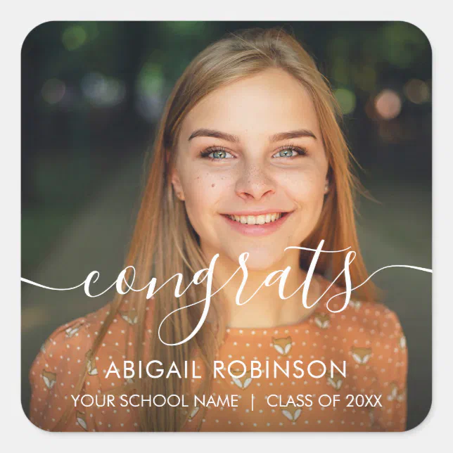 Script Congrats Graduation Photo Custom Square Sticker | Zazzle