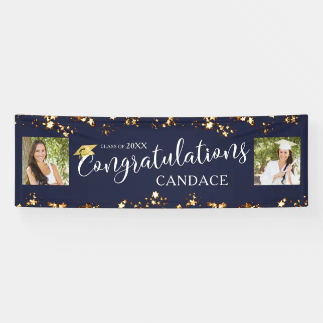 Script CONGRATULATIONS Photo Stars Navy Blue Banner | Zazzle