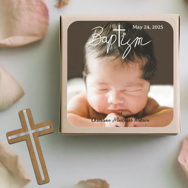 Script Cross Christening Religious Baptism Square Sticker | Zazzle