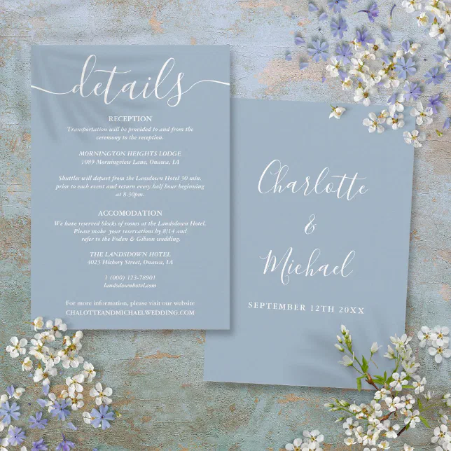 Script Dusty Blue Wedding Details Information Enclosure Card | Zazzle
