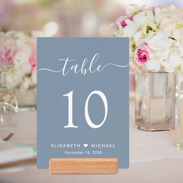 Script Dusty Blue Wedding Reception Table Number Holder | Zazzle
