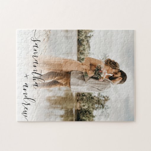 Script elegant photo typography wedding keepsake jigsaw puzzle | Zazzle