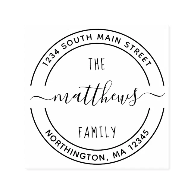 Script Family Name 8 Round Custom Return Address Self-inking Stamp | Zazzle