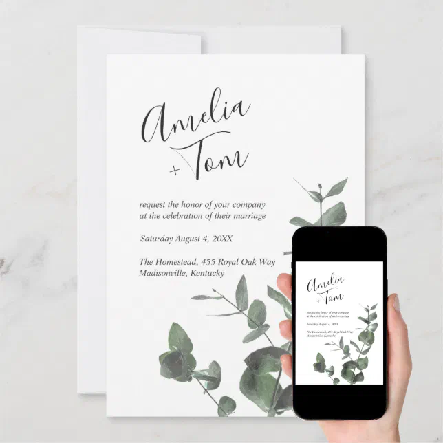 Script Font Watercolor Greenery Branch Wedding Invitation | Zazzle