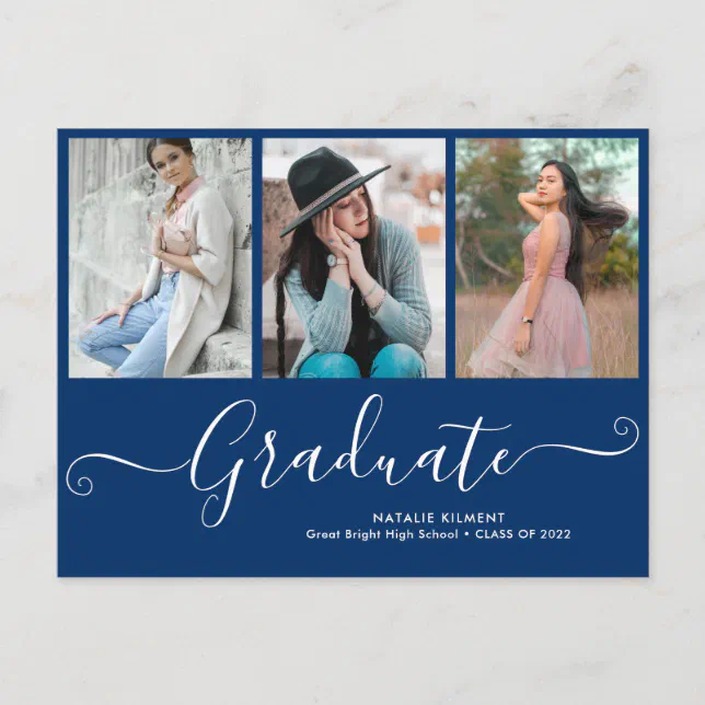 Script Graduate 3 Photo Collage Blue Graduation Announcement Postcard ...