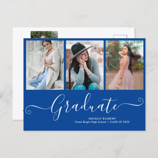 Script Graduate 3 Photo Collage Blue Graduation Announcement Postcard ...