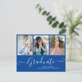 Script Graduate 3 Photo Collage Blue Graduation Announcement Postcard ...