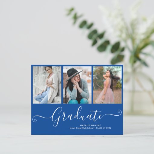 Script Graduate 3 Photo Collage Blue Graduation Announcement Postcard ...