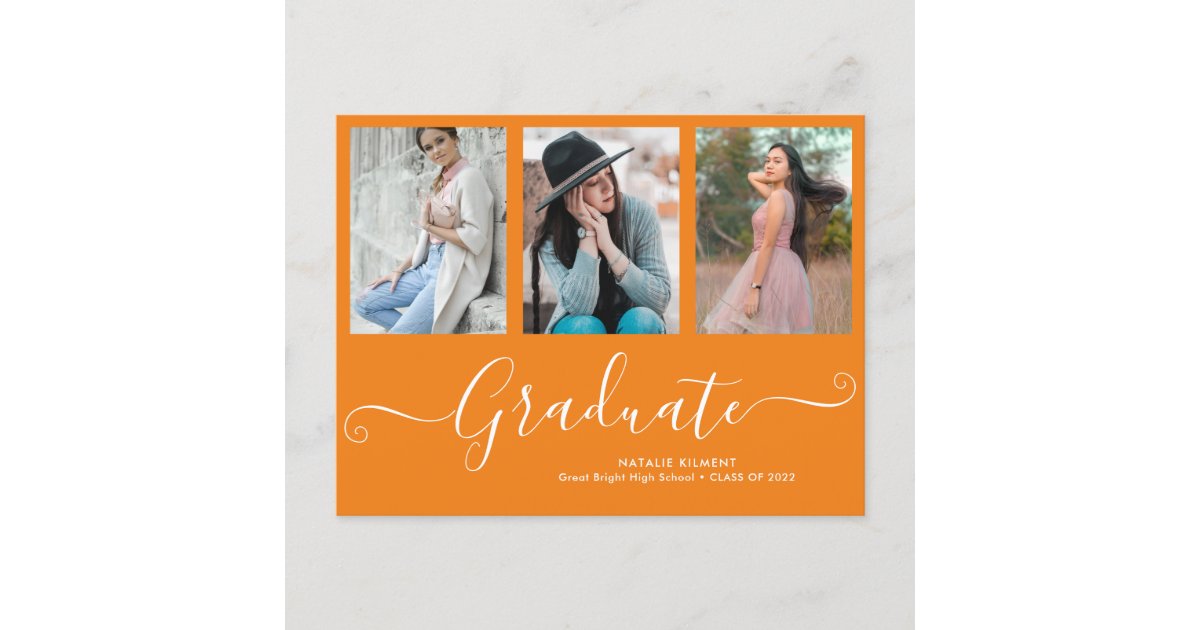 Script Graduate 3 Photo Collage Orange Graduation Announcement Postcard ...