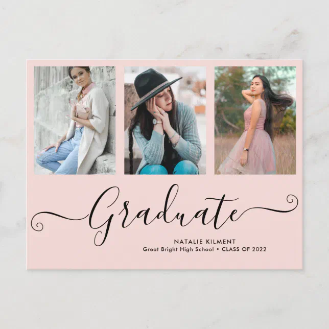 Script Graduate 3 Photo Collage Pink Graduation Announcement Postcard ...