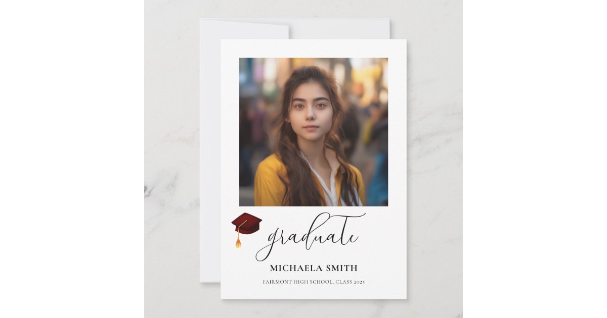 Script Graduate Maroon Graduation Cap Photo Announcement | Zazzle