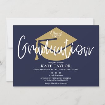 Script Graduation Navy Blue And Gold Grad Party Invitation | Zazzle