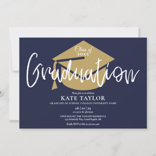 Script Graduation Navy Blue And Gold Grad Party Invitation | Zazzle