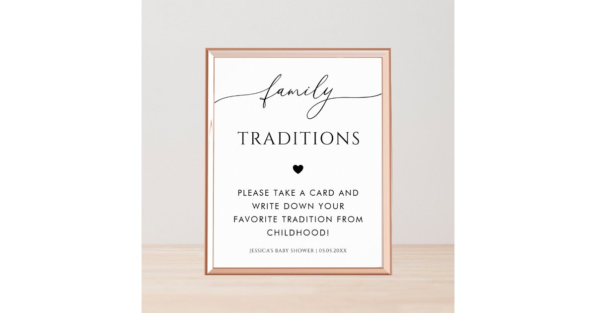 Script & Heart Family Traditions Baby Shower Sign | Zazzle