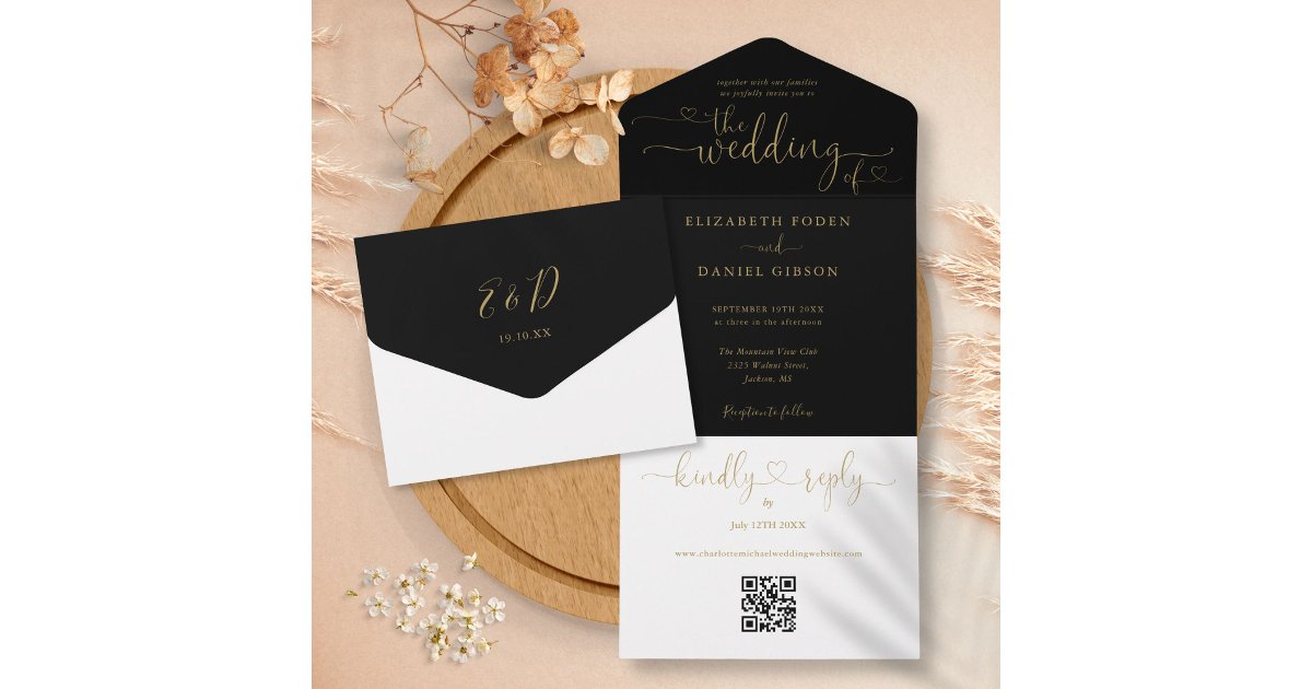 Script Hearts Black And Gold QR Code Wedding All In One Invitation | Zazzle