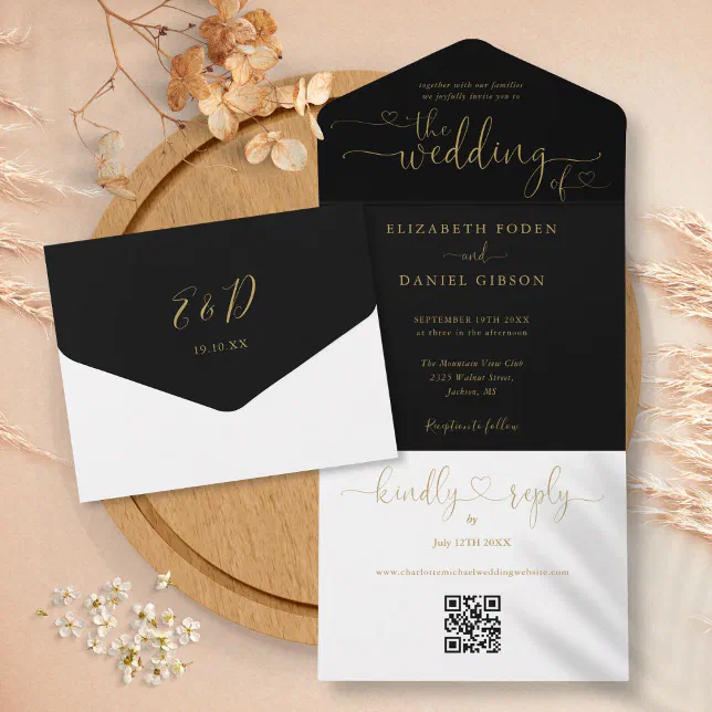 Script Hearts Black And Gold QR Code Wedding All In One Invitation | Zazzle