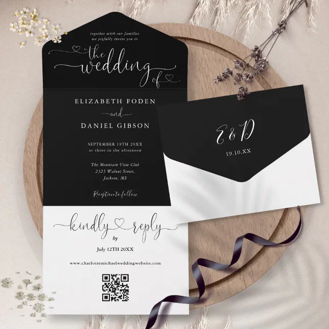 Script Hearts Black And White QR Code Wedding All In One Invitation | Zazzle