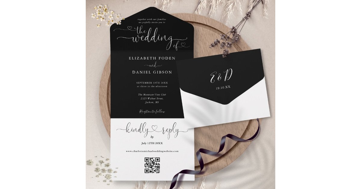 Script Hearts Black And White QR Code Wedding All In One Invitation | Zazzle