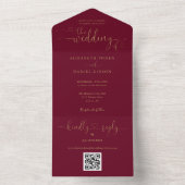 Script Hearts Burgundy And Gold QR Code Wedding All In One Invitation | Zazzle