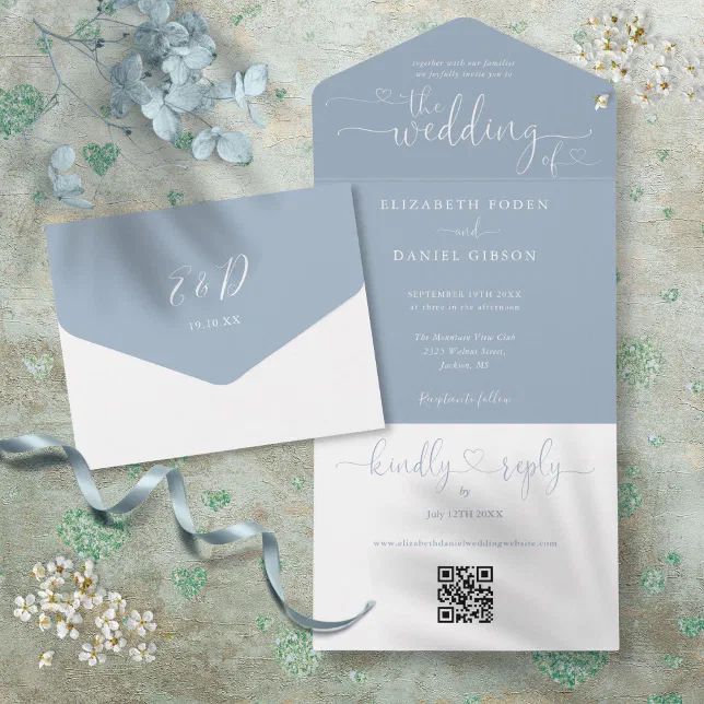 Script Hearts Dusty Blue QR Code Wedding All In One Invitation | Zazzle