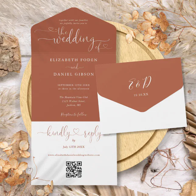 Script Hearts Terracotta QR Code Wedding All In One Invitation | Zazzle