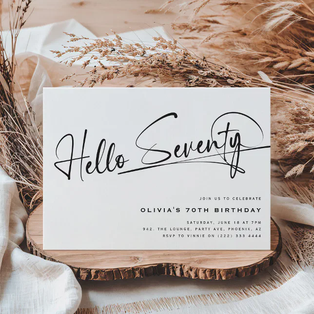 Script Hello Seventy Minimalist 70th Birthday Invitation | Zazzle