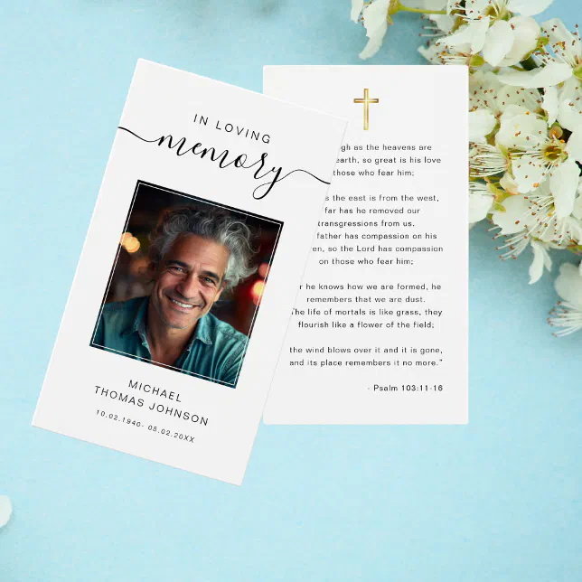 Script In Loving Memory Funeral Photo Prayer Card | Zazzle