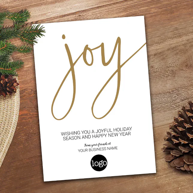 Script JOY - Gold White - Business Logo Holiday Card | Zazzle